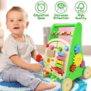 Wooden Baby Walker With Wheels Push Walker Toy for Babies With Clock Baby Walkers And Activity Center Toddler Toys Age 1-2 Learning Toys for 2 Year Old Toys Boys & Girls Shape Sorter Gift for Toddlers