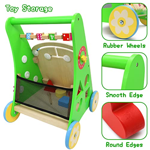 Wooden Baby Walker With Wheels Push Walker Toy for Babies With Clock Baby Walkers And Activity Center Toddler Toys Age 1-2 Learning Toys for 2 Year Old Toys Boys & Girls Shape Sorter Gift for Toddlers