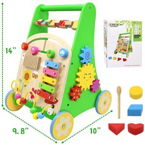 Wooden Baby Walker With Wheels Push Walker Toy for Babies With Clock Baby Walkers And Activity Center Toddler Toys Age 1-2 Learning Toys for 2 Year Old Toys Boys & Girls Shape Sorter Gift for Toddlers