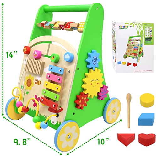 Wooden Baby Walker With Wheels Push Walker Toy for Babies With Clock Baby Walkers And Activity Center Toddler Toys Age 1-2 Learning Toys for 2 Year Old Toys Boys & Girls Shape Sorter Gift for Toddlers