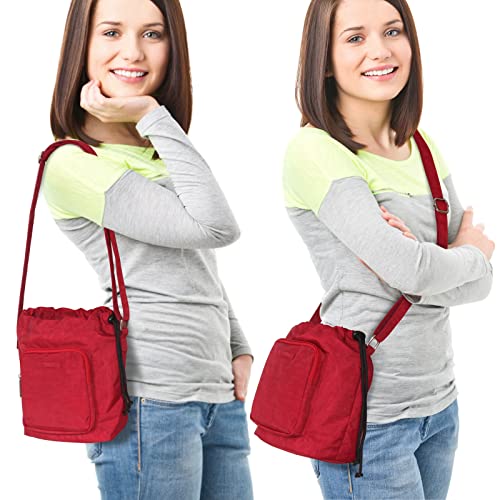 Lily queen Small Drawstring Crossbody Bags for Women Fashion Nylon Bucket Purse Lightweight Red