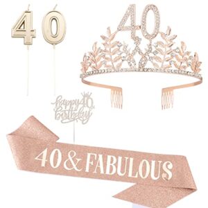 40th birthday decorations for women – aprince 40th birthday crown tiara & sash, cake topper and candles set, rose gold birthday gift for women