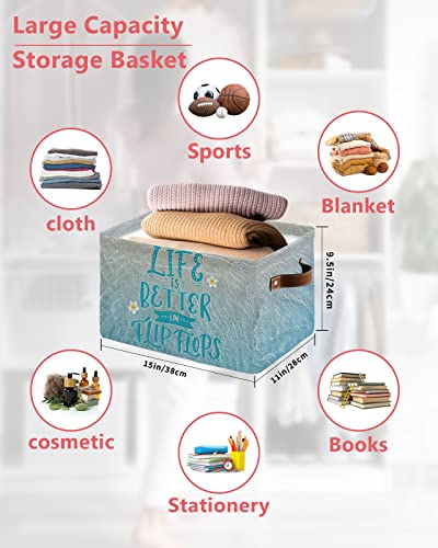 Storage Cubes Organizer with Handles, Frangipani and Life is Better in the Flip Flops Storage Bins Fabric Collapsible Storage Baskets for Shelf Closet Nursery Cloth Organizers Box Blue Seawater 1pcs