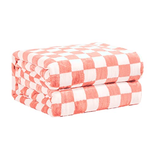 FY FIBER HOUSE Checkered Flannel Fleece Throw Blanket Soft Cozy Checkerboard Grid Print Chessboard Gingham Pattern Blankets for Bed Couch Sofa, 50"x60", Pink