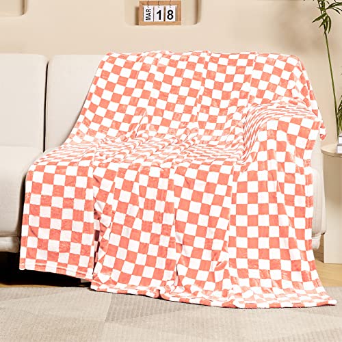 FY FIBER HOUSE Checkered Flannel Fleece Throw Blanket Soft Cozy Checkerboard Grid Print Chessboard Gingham Pattern Blankets for Bed Couch Sofa, 50"x60", Pink