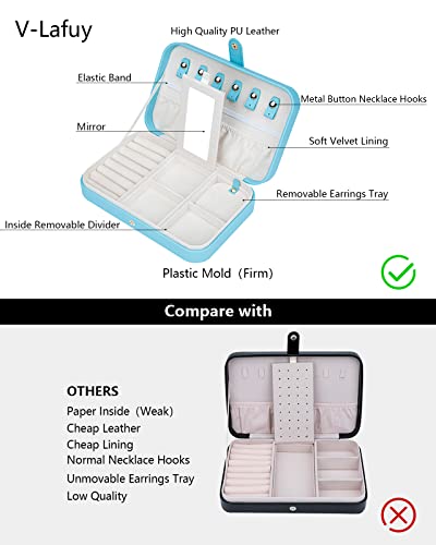 V-LAFUY Jewelry Travel Box Small Jewelry Travel Case with Mirror, Portable Jewelry Box Travel for Women Girl, Jewelry Case for Traveling, Blue N