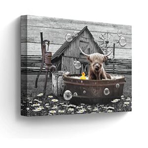 farmhouse bathroom decor wall art funny highland cow in bathtub pictures wall decor rustic bathroom cow painting for bathroom toilet cattle artwork framed 12″x16″