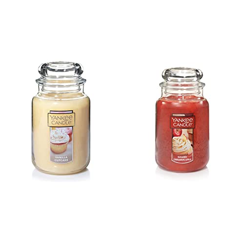 Yankee Candle Vanilla Cupcake Scented, Classic 22oz Large Jar Single Wick Candle & Sugared Cinnamon Apple Scented, Classic 22oz Large Jar Single Wick Candle, Over 110 Hours of Burn Time