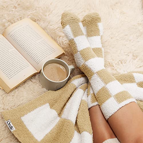 Orelle “Cream Puff” - Soft Knit Checkered Throw Blanket & Socks - Cozy Checkered Blanket Throw - Fluffy Checkerboard Blanket - Aesthetic Tan Checker Blanket Checkered Decor - Buttercream Beige. 55x67