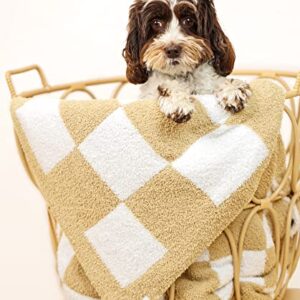 Orelle “Cream Puff” - Soft Knit Checkered Throw Blanket & Socks - Cozy Checkered Blanket Throw - Fluffy Checkerboard Blanket - Aesthetic Tan Checker Blanket Checkered Decor - Buttercream Beige. 55x67