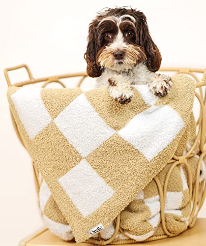 Orelle “Cream Puff” - Soft Knit Checkered Throw Blanket & Socks - Cozy Checkered Blanket Throw - Fluffy Checkerboard Blanket - Aesthetic Tan Checker Blanket Checkered Decor - Buttercream Beige. 55x67