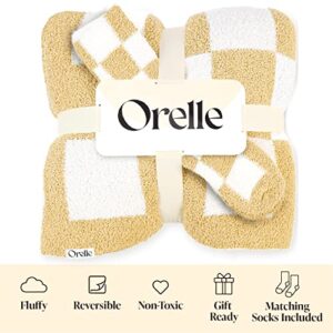 Orelle “Cream Puff” - Soft Knit Checkered Throw Blanket & Socks - Cozy Checkered Blanket Throw - Fluffy Checkerboard Blanket - Aesthetic Tan Checker Blanket Checkered Decor - Buttercream Beige. 55x67