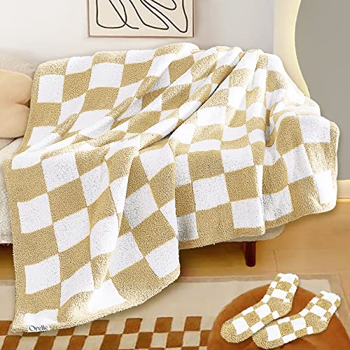 Orelle “Cream Puff” - Soft Knit Checkered Throw Blanket & Socks - Cozy Checkered Blanket Throw - Fluffy Checkerboard Blanket - Aesthetic Tan Checker Blanket Checkered Decor - Buttercream Beige. 55x67