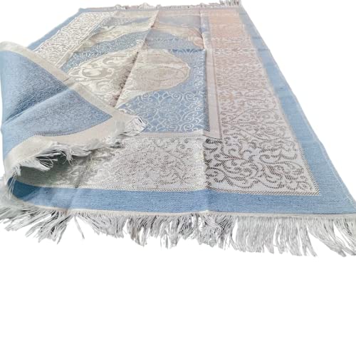 Islamic Prayer Mat, Turkish Prayer Rug with Pouch and Ornament Sealing, Portable Prayer Mat with Handy Pouch, Islamic Carpet Pad Ideal for Travelling (44"x26” with Free Tasbeeh) (Blue)