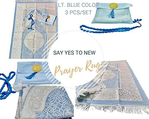 Islamic Prayer Mat, Turkish Prayer Rug with Pouch and Ornament Sealing, Portable Prayer Mat with Handy Pouch, Islamic Carpet Pad Ideal for Travelling (44"x26” with Free Tasbeeh) (Blue)