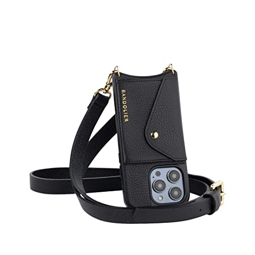 Bandolier Hailey Crossbody Phone Case and Wallet - Black Leather with Gold Detail - Compatible with iPhone 14 Pro Max