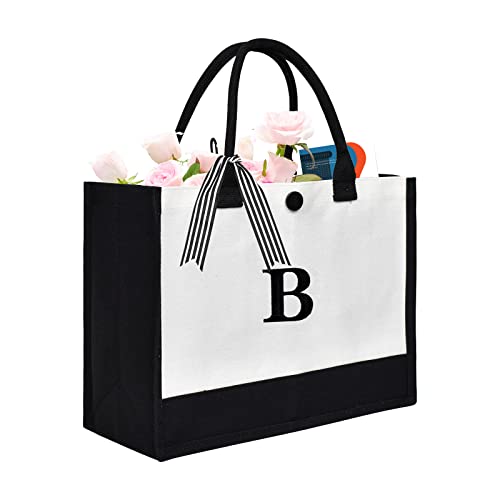 MRYUWB Large Personalized Initial Cotton Canvas Gift Tote Bag for Women Wedding Birthday Bag, Monogram Embroidery Beach Bag (B)