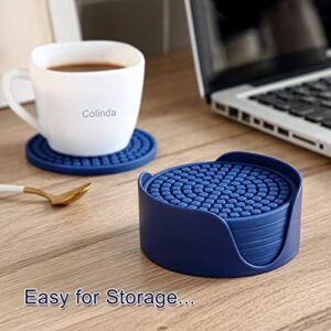 Colinda Silicone Drink Coasters with Holder, Set of 6, for Tabletop Protection and Office Desk, Cup Mat Set for Home Decor, Non-Slip and Non-Stick,Round,4 Inch,Teal