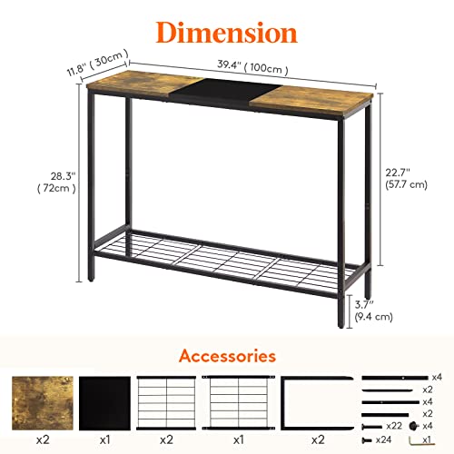 Lifewit 39.4" Console Entryway Table, 2-Tier Industrial Sofa Table with Storage Shelves for Hallway, Living Room,Bedroom, Metal Frame, Rustic Brown & Black, Easy Assembly