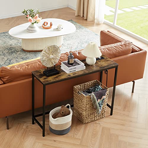 Lifewit 39.4” Console Entryway Table with 2 Power Outlets and 2 USB Ports,Industrial Narrow Sofa Table for Hallway, Living Room,Bedroom,Kitchen, Metal Frame, Rustic Brown, Easy Assembly