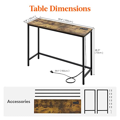 Lifewit 39.4” Console Entryway Table with 2 Power Outlets and 2 USB Ports,Industrial Narrow Sofa Table for Hallway, Living Room,Bedroom,Kitchen, Metal Frame, Rustic Brown, Easy Assembly