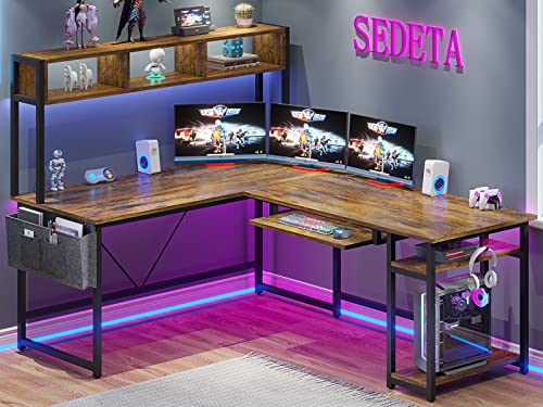 SEDETA L Shaped Computer Desk, Reversible Corner Desk or 94.5" Office Desk, Computer Desk with Led Lights, Keyboard Tray, Headphone Hook and Storage Shelves for Home Office, Rustic Brown