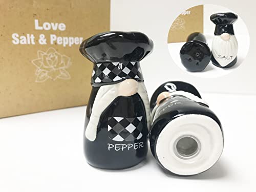 KARALIN Ceramic Salt & Pepper Shaker Sets Tabletop Accessories Cute Gnomes Chef Design Family Gifts with Gift Box ready (Black & White)