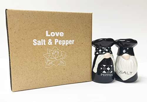 KARALIN Ceramic Salt & Pepper Shaker Sets Tabletop Accessories Cute Gnomes Chef Design Family Gifts with Gift Box ready (Black & White)