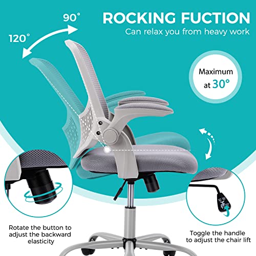 Office Chair, Ergonomic Computer Chair Mesh Home Office Desk Chairs with Flip-up Armrests, Rolling Swivel Chair with Lumbar Support Height Adjustable, Grey