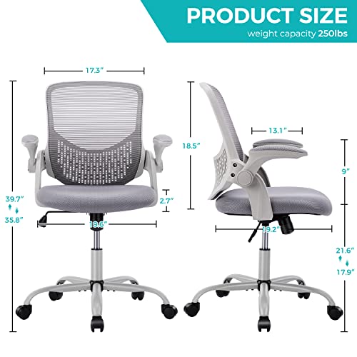 Office Chair, Ergonomic Computer Chair Mesh Home Office Desk Chairs with Flip-up Armrests, Rolling Swivel Chair with Lumbar Support Height Adjustable, Grey