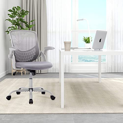 Office Chair, Ergonomic Computer Chair Mesh Home Office Desk Chairs with Flip-up Armrests, Rolling Swivel Chair with Lumbar Support Height Adjustable, Grey