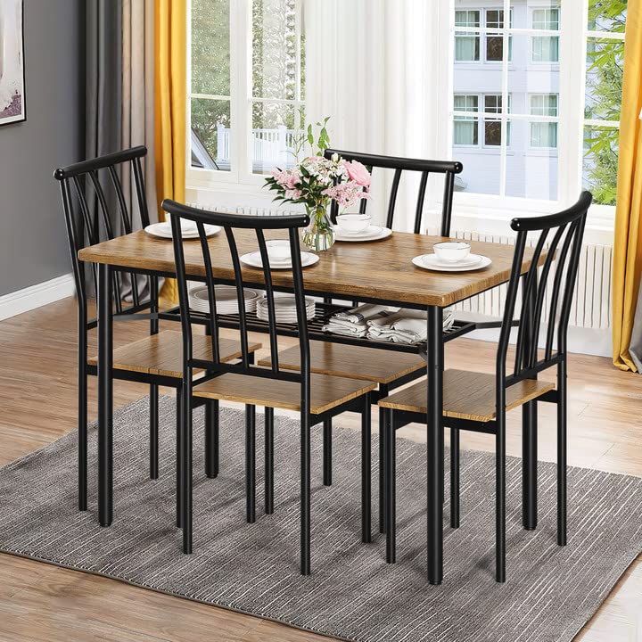 Amyove Kitchen Table and Chairs for 4, 5 Piece Dining Table Set with Storage Rack, Rustic Dining Room Table Set Metal and Wood Rectangular Dining Table for Breakfast Nook, Kitchen, Rustic Brown