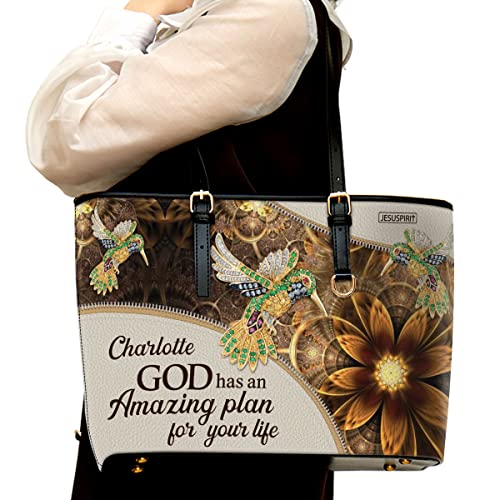 Jesuspirit - Large Shoulder Bag With Changing Name - God Has An Amazing Plan For Your Life - Personalized Faux Leather Tote Bag With Strap - Worship Gift For Sister, Aunt, Daughter - Hummingbird & Flower