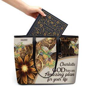 Jesuspirit - Large Shoulder Bag With Changing Name - God Has An Amazing Plan For Your Life - Personalized Faux Leather Tote Bag With Strap - Worship Gift For Sister, Aunt, Daughter - Hummingbird & Flower