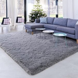 unirea soft shaggy area rugs for bedroom, 5×8 feet, fluffy indoor modern plush carpets for living room kids room nursery home decor, upgrade anti-skid rectangular fuzzy rug, grey