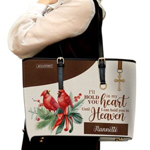 Jesuspirit Memorial Large Tote Bag With Gold-Tone Hardware - Cardinal & Cross - Customized Leather Bag With Zipper And Pockets - Worship Gift For Christian Grandma, Mom - I‘ll Hold You In My Heart