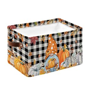 Storage Bin Foldable Storage Basket Pumpkin Gnome Thanksgiving Fall Maple Leaf,Large Storage Bins Handles Storage Baskets for Organizing,Farm Harvest Black Checker Collapsible Storage Cubes Organizer