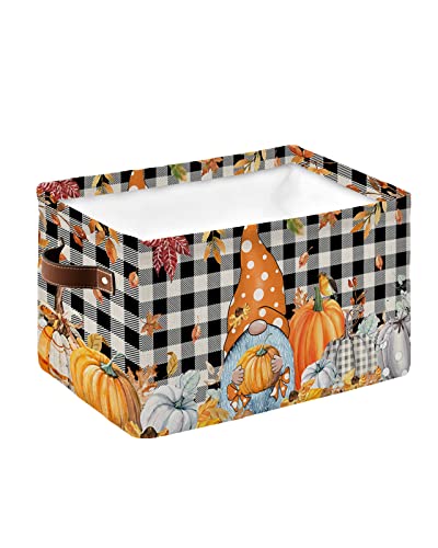 Storage Bin Foldable Storage Basket Pumpkin Gnome Thanksgiving Fall Maple Leaf,Large Storage Bins Handles Storage Baskets for Organizing,Farm Harvest Black Checker Collapsible Storage Cubes Organizer