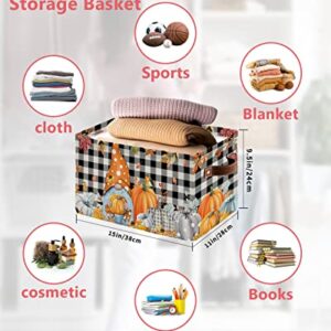 Storage Bin Foldable Storage Basket Pumpkin Gnome Thanksgiving Fall Maple Leaf,Large Storage Bins Handles Storage Baskets for Organizing,Farm Harvest Black Checker Collapsible Storage Cubes Organizer