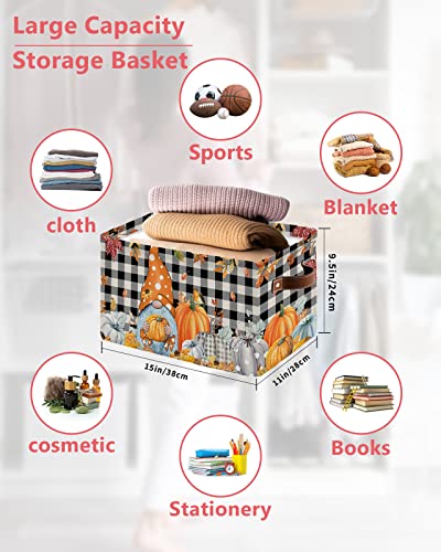 Storage Bin Foldable Storage Basket Pumpkin Gnome Thanksgiving Fall Maple Leaf,Large Storage Bins Handles Storage Baskets for Organizing,Farm Harvest Black Checker Collapsible Storage Cubes Organizer