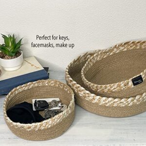 CHARDIN HOME Jute Rope Decor Baskets - SET OF 3 collapsible baskets, (8, 10,12 Inch Diameter, 4 Inch height) for kitchens, desks, dressers. Also great for multi-purpose storage.