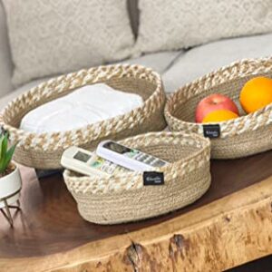 CHARDIN HOME Jute Rope Decor Baskets - SET OF 3 collapsible baskets, (8, 10,12 Inch Diameter, 4 Inch height) for kitchens, desks, dressers. Also great for multi-purpose storage.