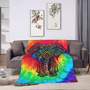 Voudlye Elephant Blankets Throw Tie Dye Rainbow Blanket 60"x50" for Women Men and Kids Comfort Warmth Soft Plush Throw for Bed Bedroom Sofa