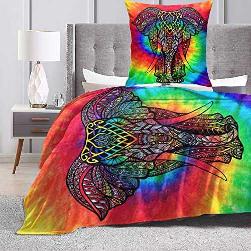 Voudlye Elephant Blankets Throw Tie Dye Rainbow Blanket 60"x50" for Women Men and Kids Comfort Warmth Soft Plush Throw for Bed Bedroom Sofa