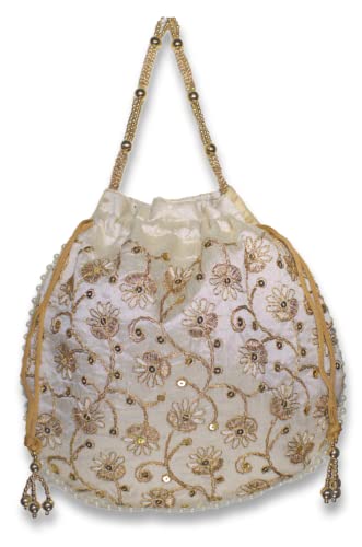 Embroidered Indian Ethnic Potli Bag for Women. Traditional, Handmade, Perfect for Weddings and Other Special Occasions (Gold)