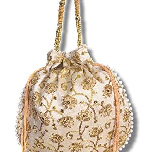 Embroidered Indian Ethnic Potli Bag for Women. Traditional, Handmade, Perfect for Weddings and Other Special Occasions (Gold)