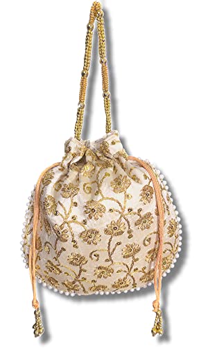 Embroidered Indian Ethnic Potli Bag for Women. Traditional, Handmade, Perfect for Weddings and Other Special Occasions (Gold)