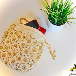 Embroidered Indian Ethnic Potli Bag for Women. Traditional, Handmade, Perfect for Weddings and Other Special Occasions (Gold)