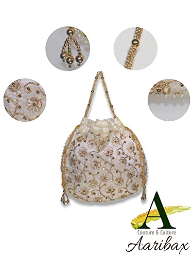 Embroidered Indian Ethnic Potli Bag for Women. Traditional, Handmade, Perfect for Weddings and Other Special Occasions (Gold)