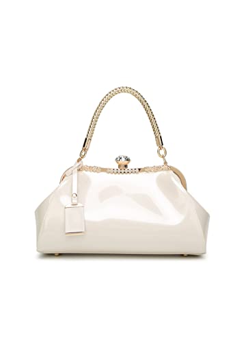 YAQUNICER Tote Bag Patent Leather Handbag for Women Top Handle Evening Bag Wedding Retro Purse-White